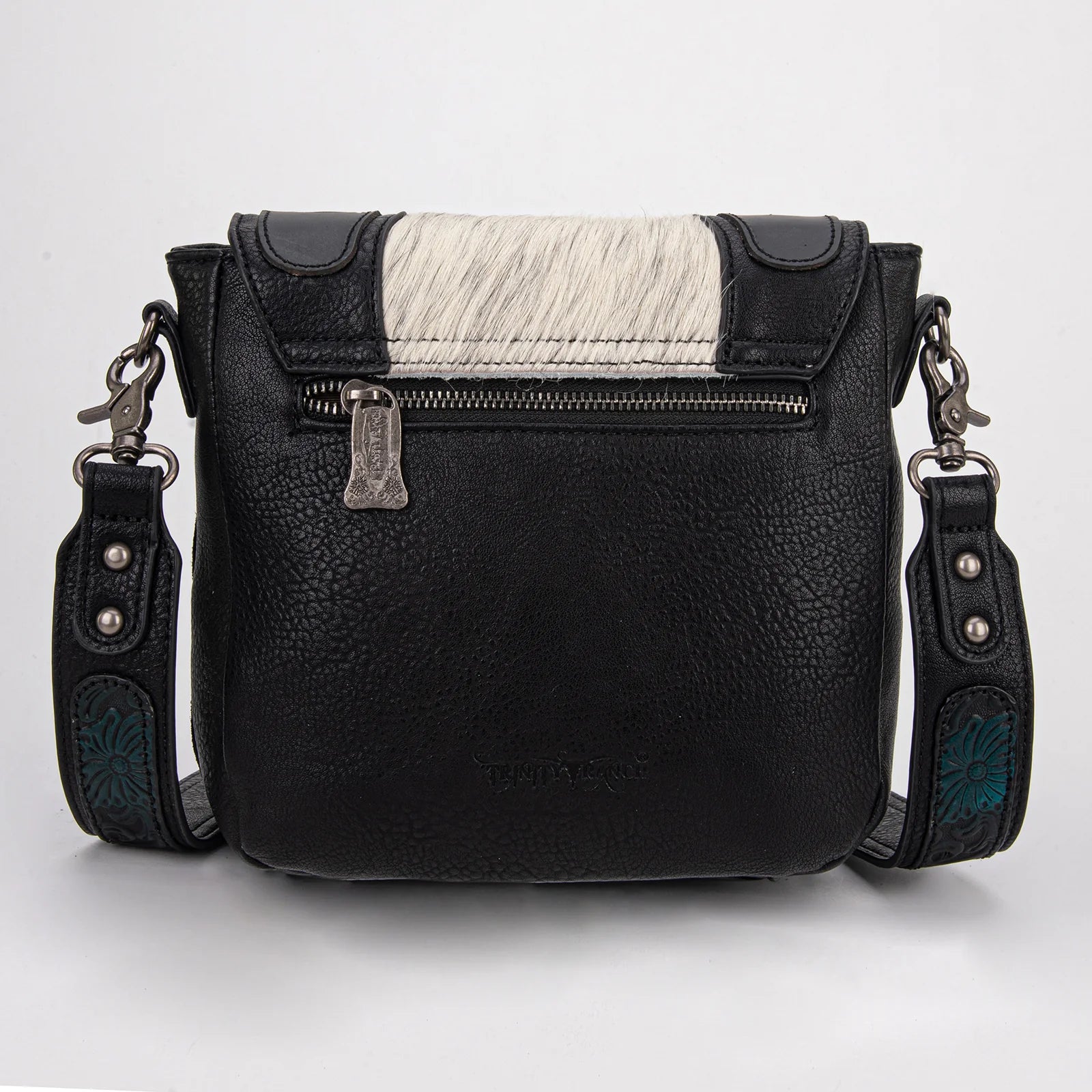 Trinity Ranch Genuine Hair-On Cowhide Tooled Fringe Crossbody Bag- Bla ...